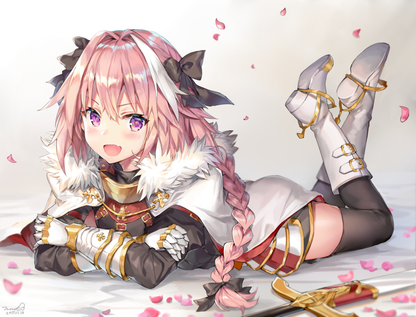 Safebooru - 1boy :d armor astolfo (fate) bangs bed sheet black bow black legwear blush boots bow ...