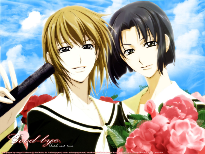 Safebooru - 1280x960 black hair blonde hair blue eyes brown eyes happy ...