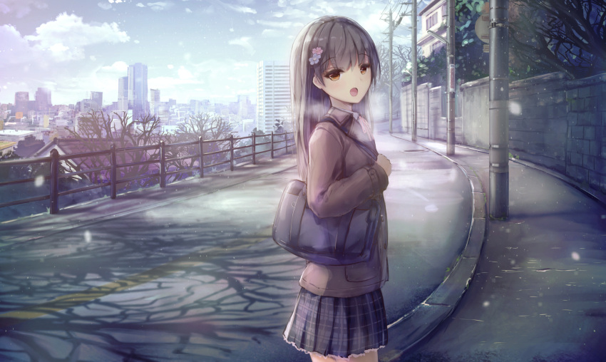Safebooru - 1girl :o bag bangs black skirt blue flower blue sky blush brown eyes brown hair ...