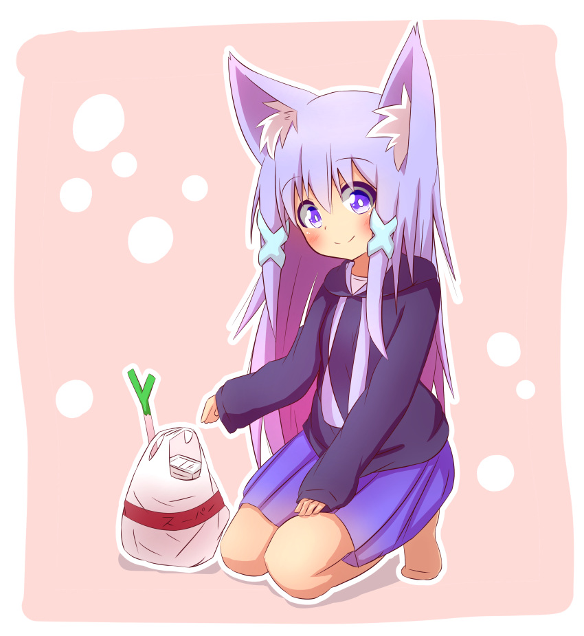 Safebooru - 1girl absurdres animal ears bag bangs barefoot blue eyes blue hoodie blue skirt ...