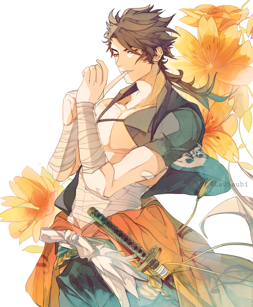 Safebooru - 1boy bandage brown hair flower highres huge filesize igote ...