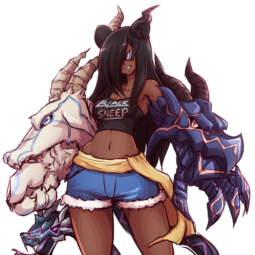 Safebooru - 1girl alternate costume animal ears bare shoulders black hair blue shorts chimera ...