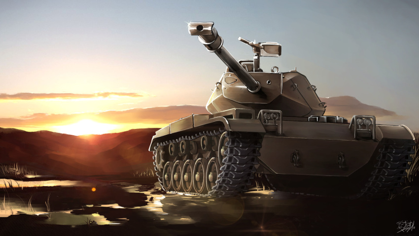 Safebooru - clouds ground vehicle gun highres hill m41 walker bulldog ...