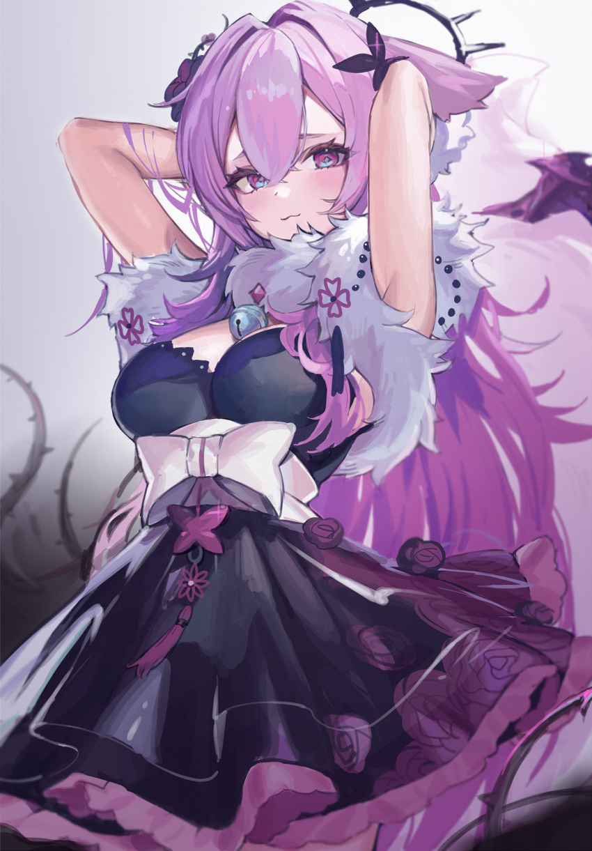 Safebooru - 1girl arms behind head arms up black dress bow breasts butterfly hair ornament ...