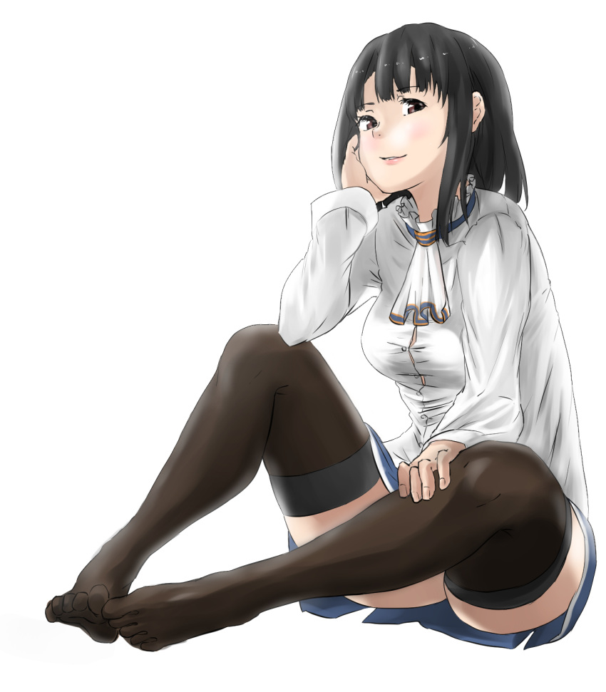 Safebooru - 1girl black hair black legwear blue skirt blush breasts closed mouth highres kantai ...