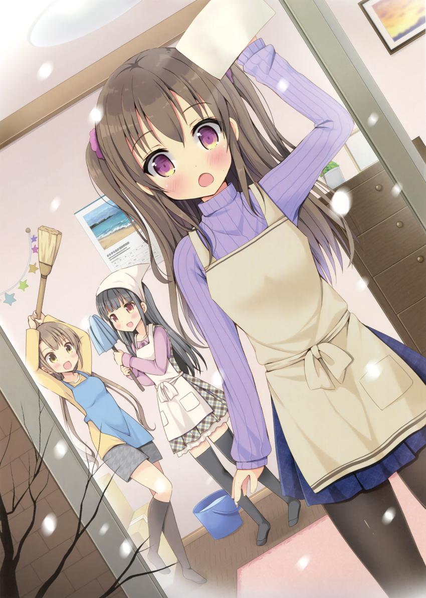 Safebooru - 3girls :d absurdres apron arms up black hair black legwear blue apron blue skirt ...