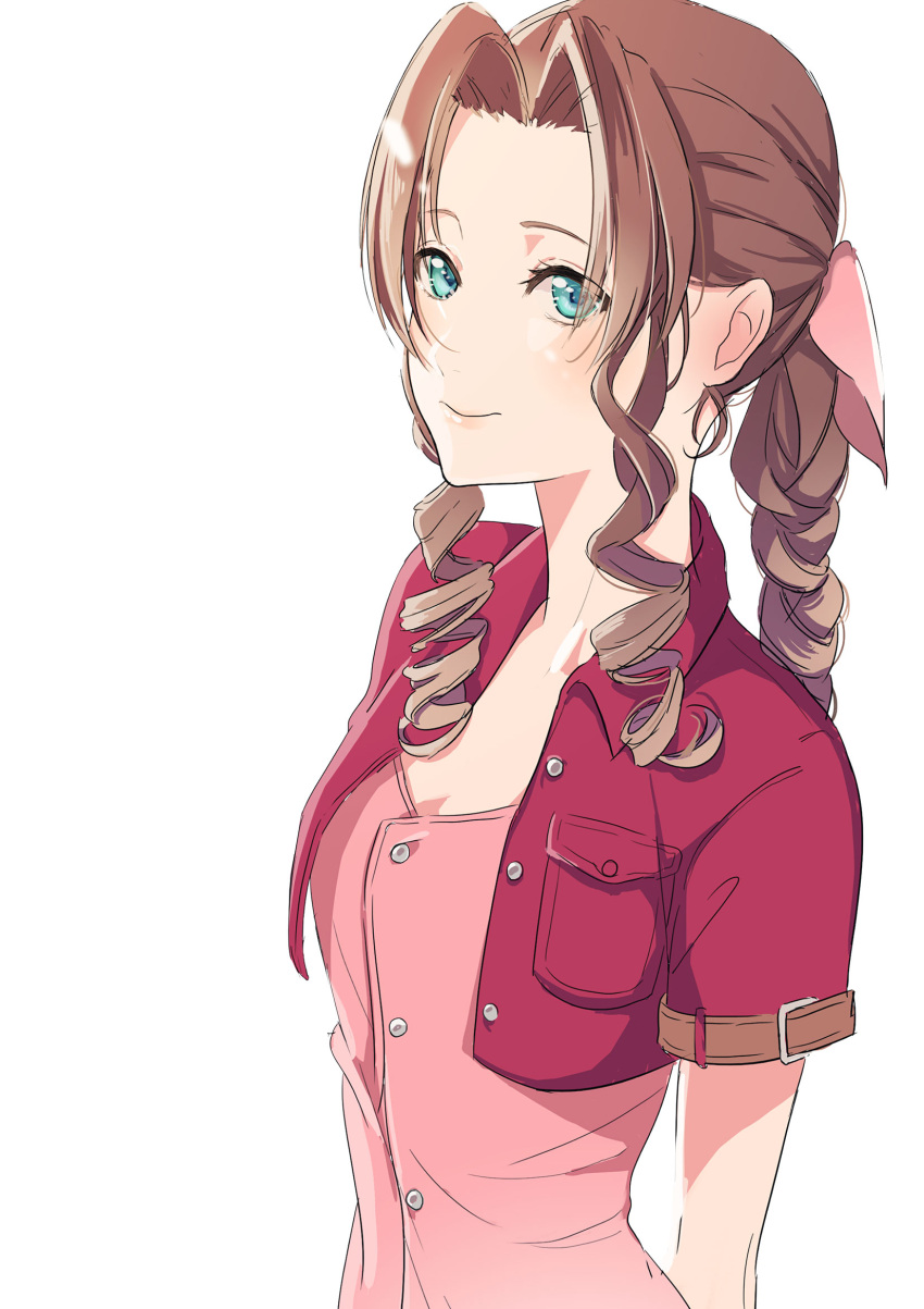 Safebooru - 1girl aerith gainsborough arms behind back blue eyes braid breasts brown hair ...