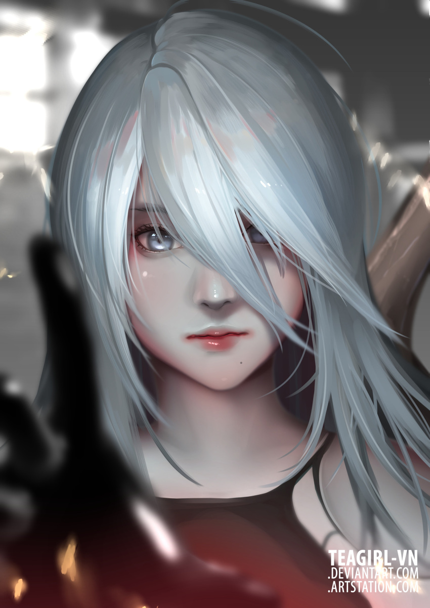 Safebooru - absurdres android blue eyes close-up hair over eyes highres ...
