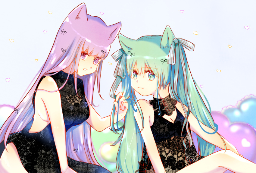 Safebooru - 2girls animal ears green eyes green hair hair ribbon ...