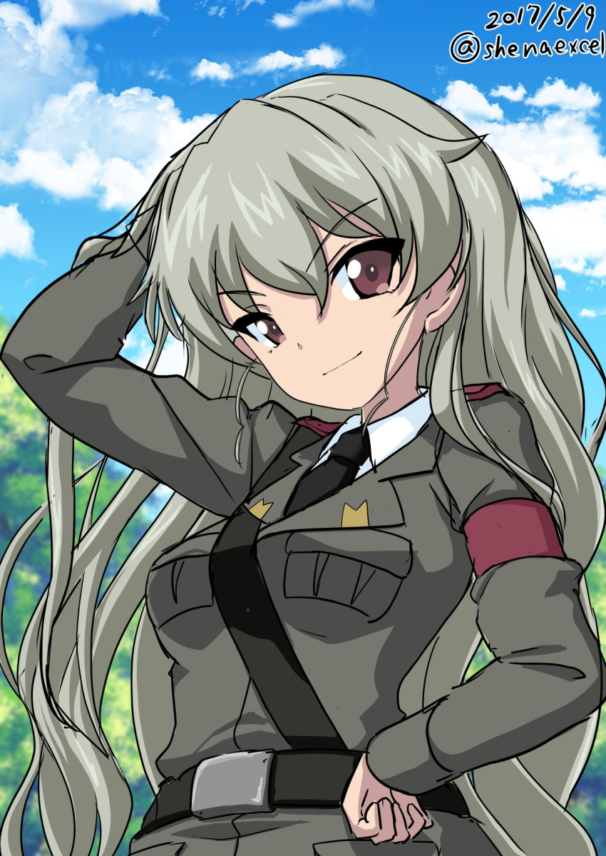 Safebooru - 1girl alternate hairstyle anchovy anzio military uniform arm behind head bangs belt ...