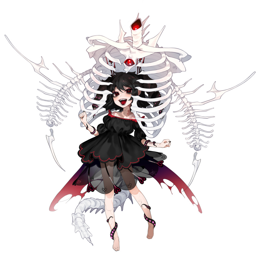 Safebooru - 1girl :d barefoot black dress black eyes black hair black nails bone bracelet creepy ...