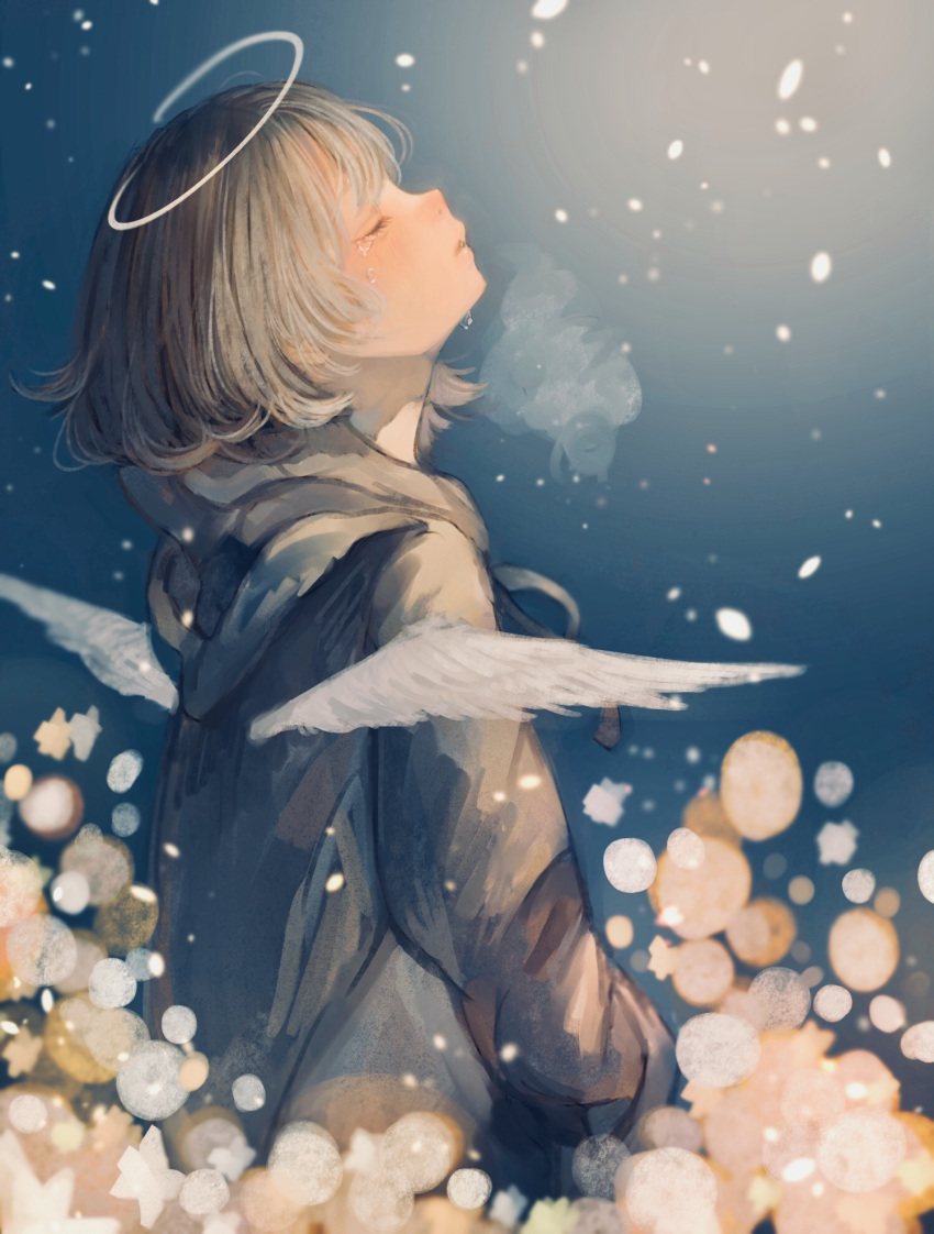 Safebooru - 1girl angel angel wings bangs blurry bokeh breath closed ...