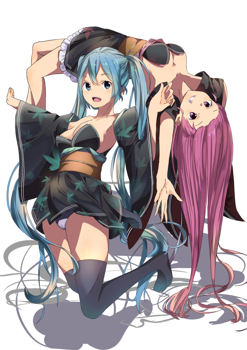 Safebooru - 2girls aniruko aqua eyes aqua hair black legwear detached sleeves grin hatsune miku ...