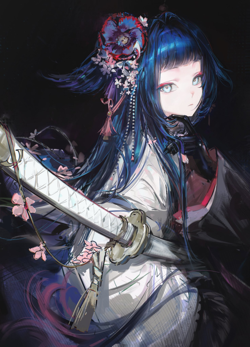 Safebooru - arknights black background black gloves black hair black kimono blue eyes flower ...