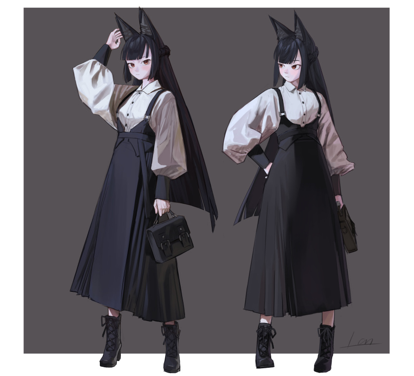 Safebooru - 1girl absurdres alternate costume animal ears arm up bag black boots black hair ...