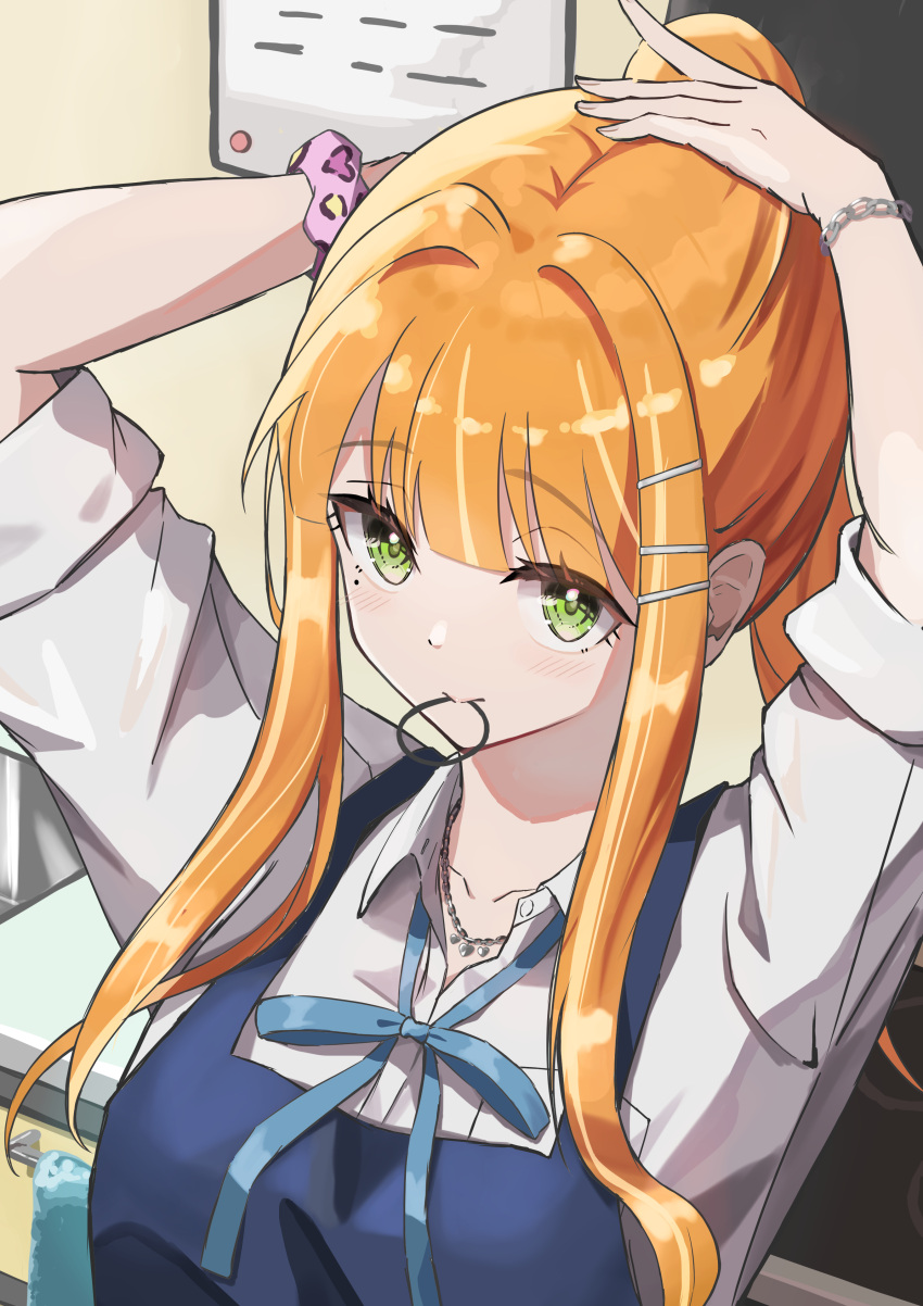 Safebooru - 1girl absurdres adjusting hair apron arms up blue apron blue ribbon blunt bangs ...