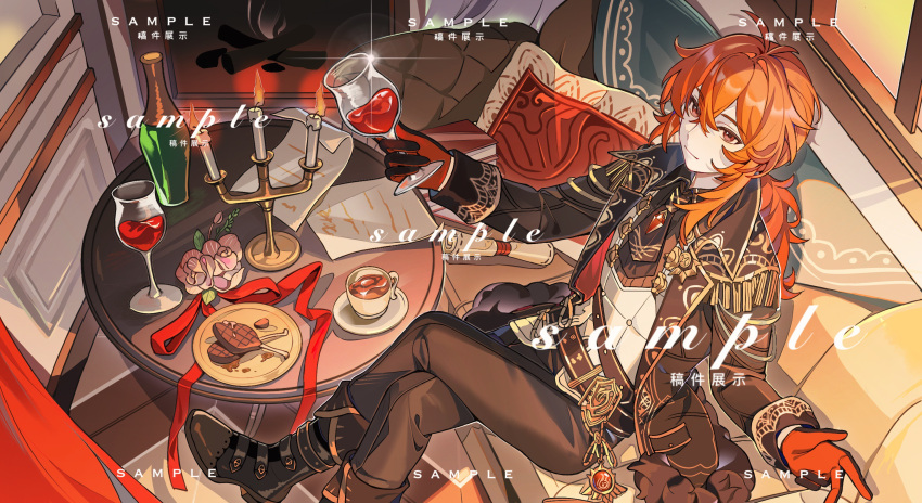 Safebooru - 1boy alcohol black jacket black pants black tea boots ...