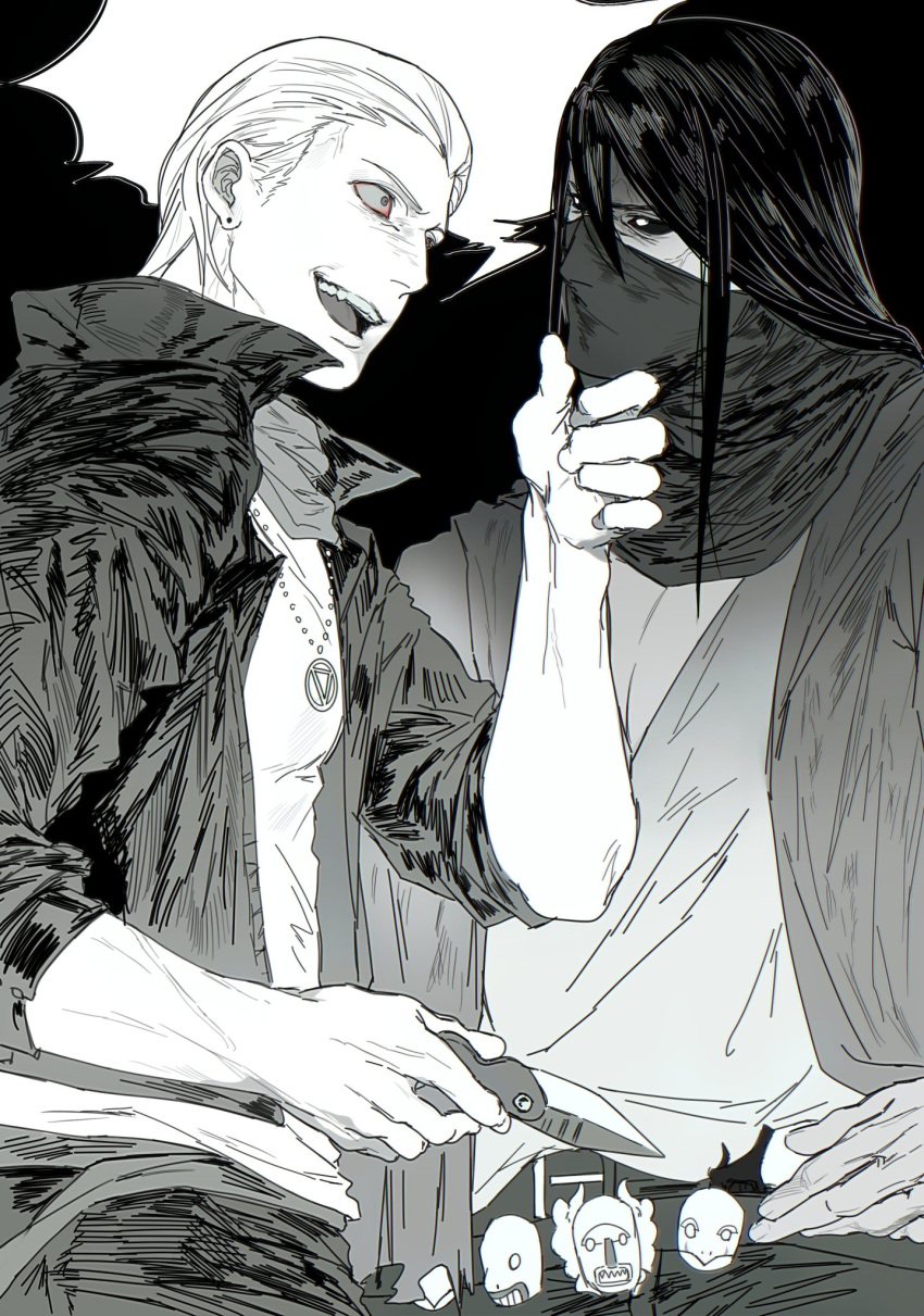 Safebooru - 2boys anger vein black jacket earrings greyscale hashtag ...