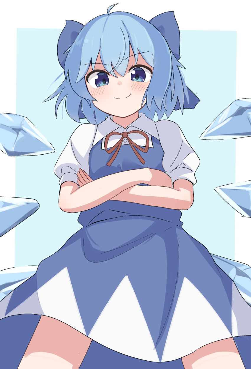 Safebooru - 1girl ahoge blue background blue bow blue dress blue eyes blue hair border bow cirno ...