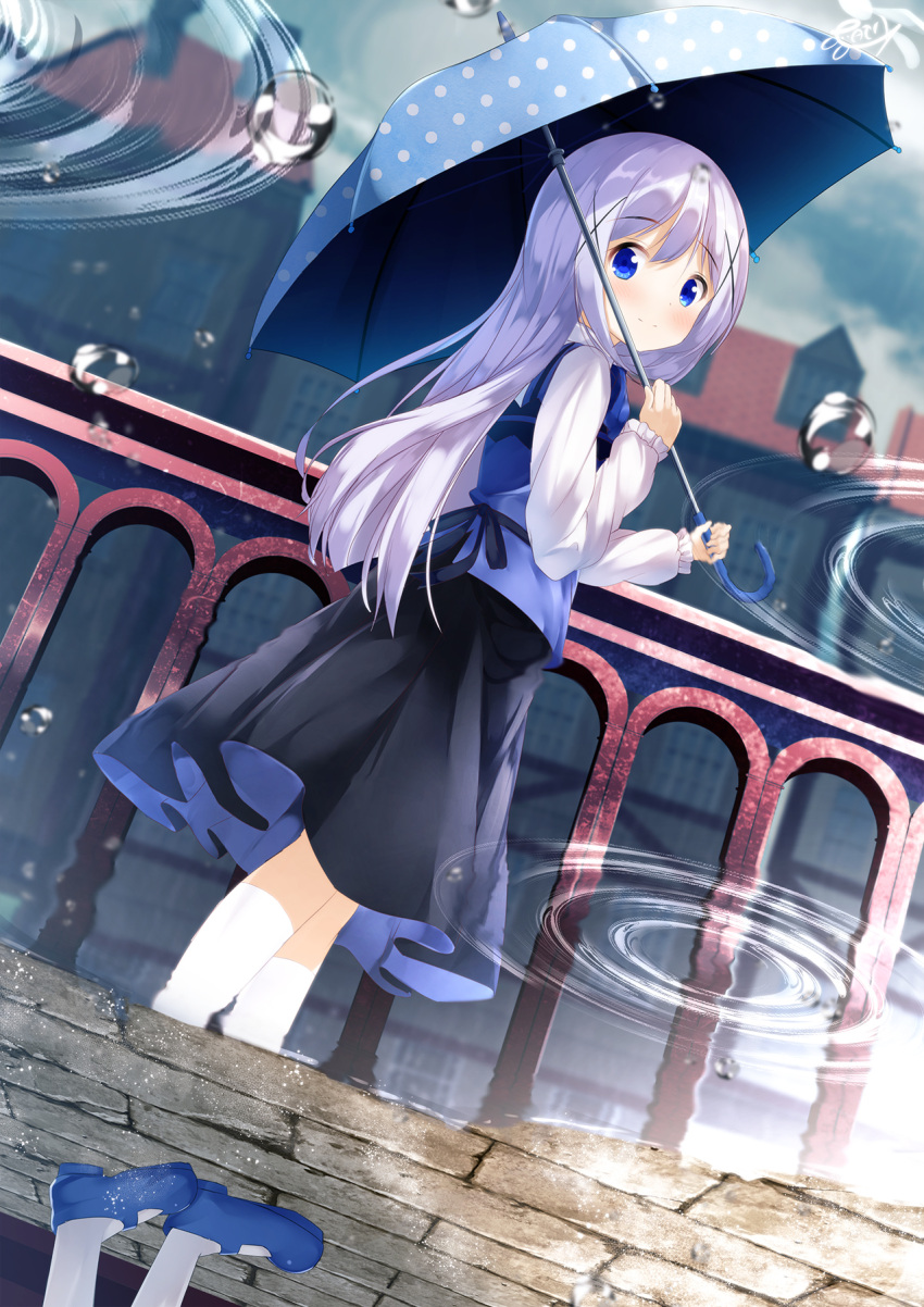 Safebooru - 1girl bangs black skirt blue eyes blue footwear blue sky blue umbrella blue vest ...