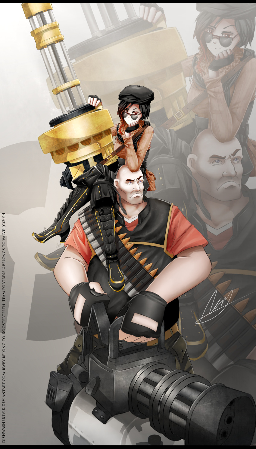 Safebooru - 1boy 1girl absurdres bald bandolier belt beret black hair boots brown hair coco adel ...