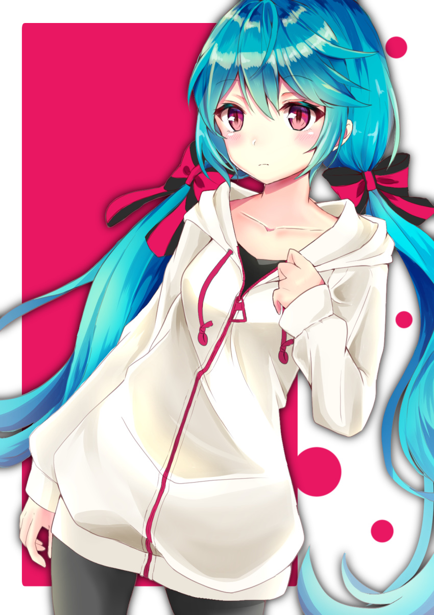 Safebooru - 1girl aqua hair cowboy shot hatsune miku highres hood hoodie long hair nakatsu kon ...