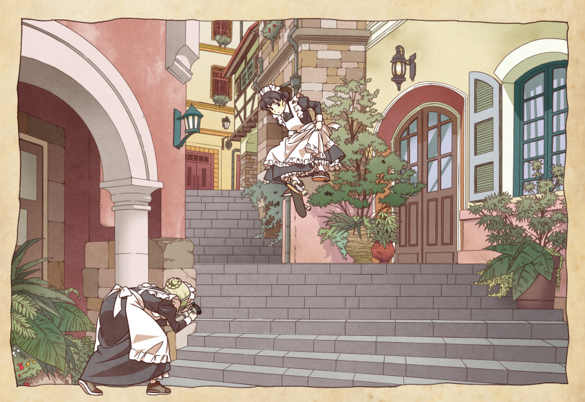 Safebooru - 2girls apron black eyes bow brick brick road brick wall ...