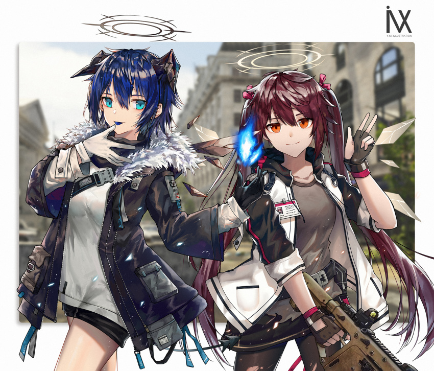 Safebooru - 2girls :p alternate hairstyle arknights bangs belt black gloves black jacket black ...