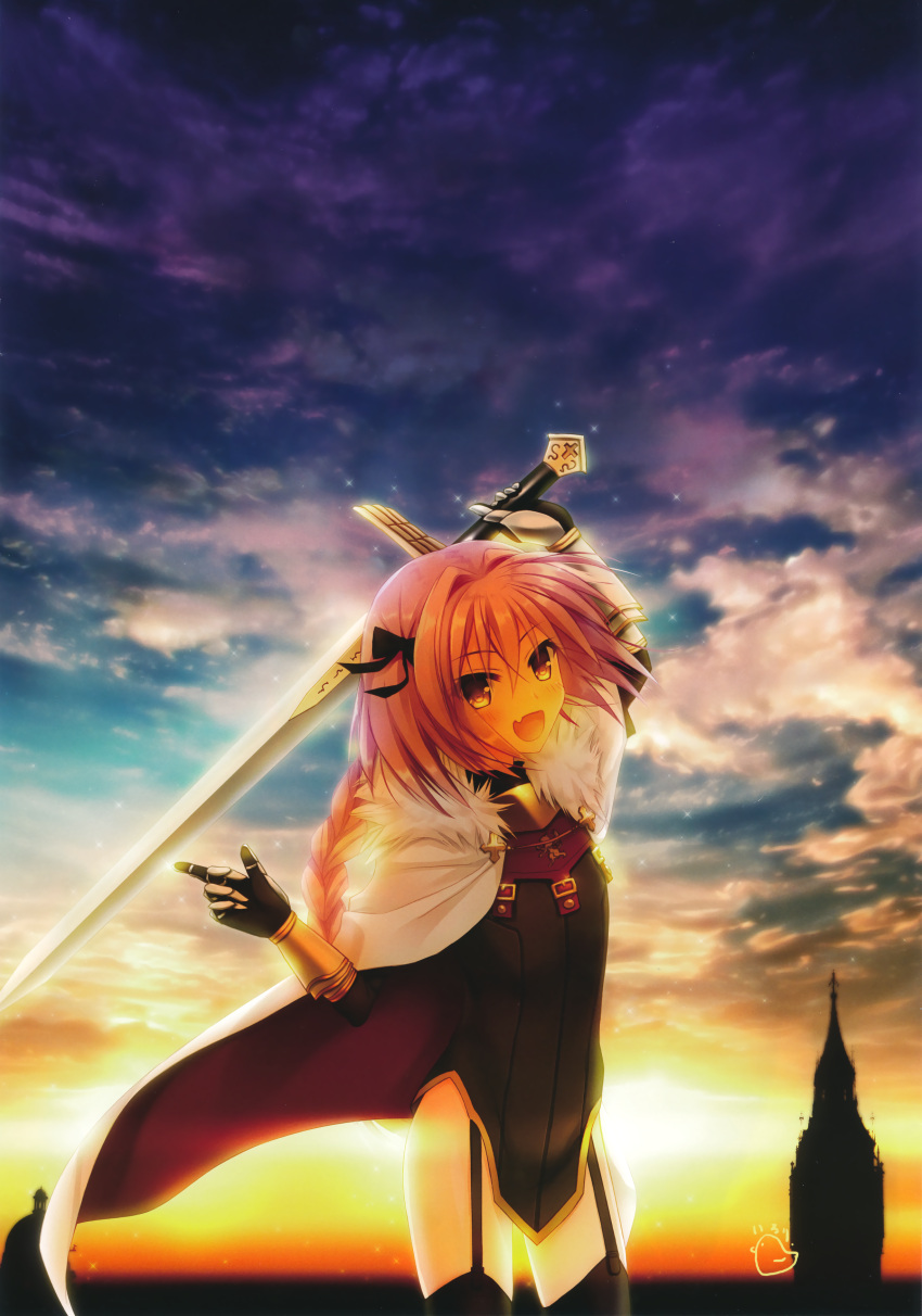Safebooru - 1boy :d absurdres arm up astolfo (fate) bangs black bow black legwear blush bow ...