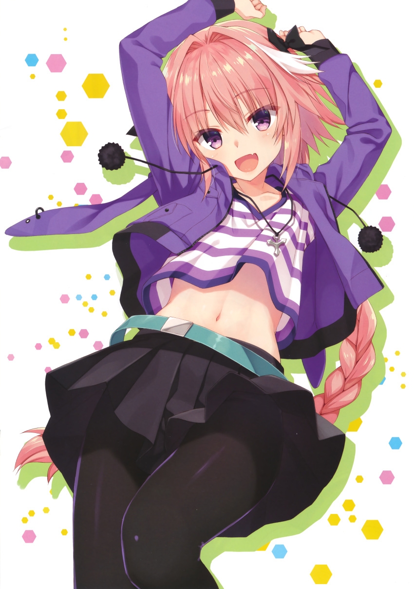 Safebooru - 1boy :d absurdres androgynous arms up astolfo (fate) bangs belt black bow black ...