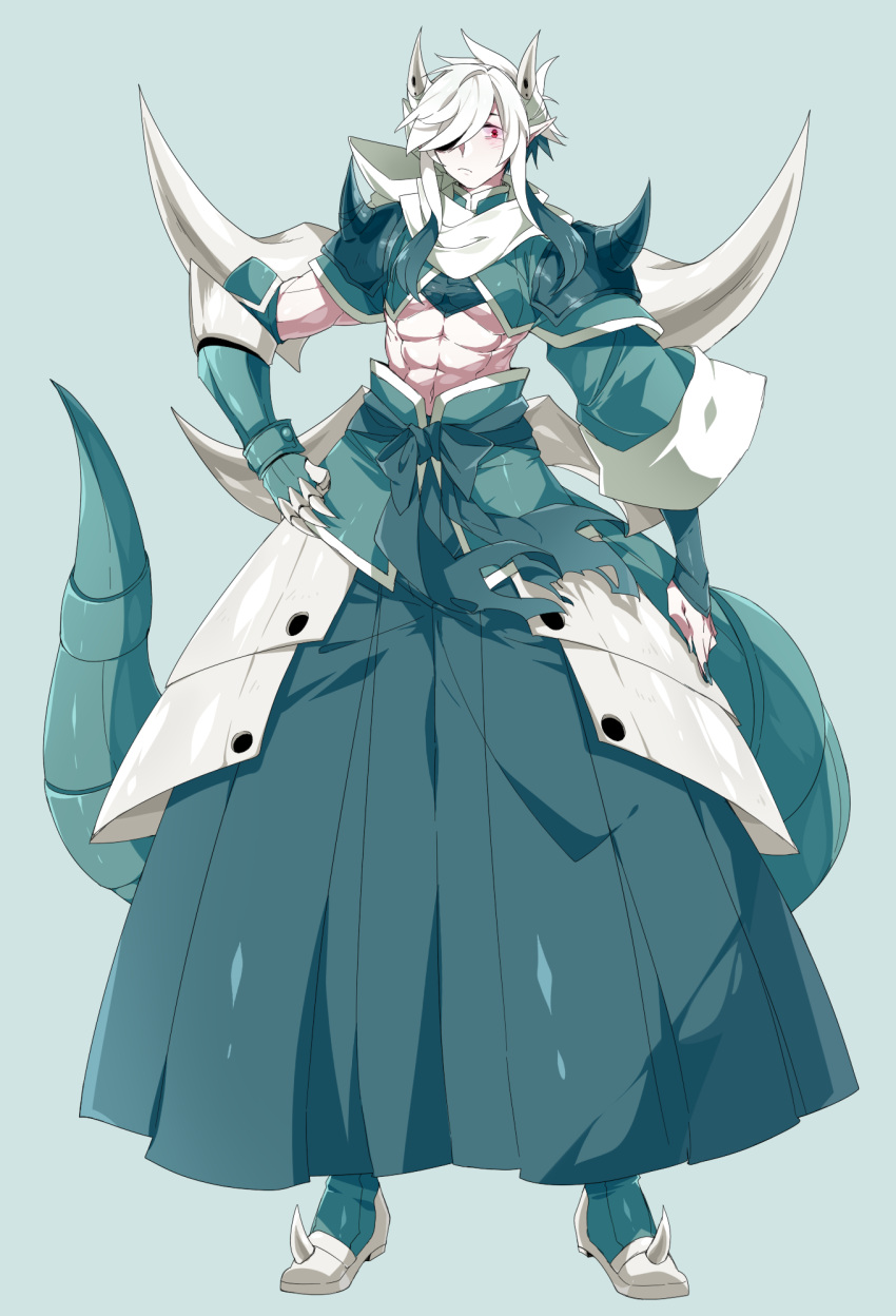Safebooru - 1boy abs aggron arm at side armor blue background blush ...