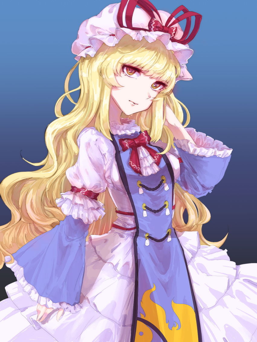 Safebooru - 1girl blonde hair blue background bow breasts closed mouth ...