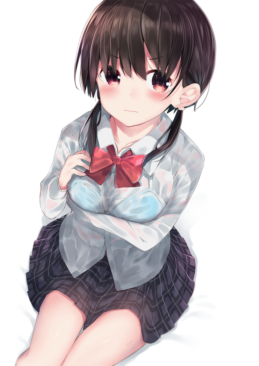 Safebooru - 1girl bangs bed sheet blue bra blush bow bowtie bra bra through clothes breast hold ...