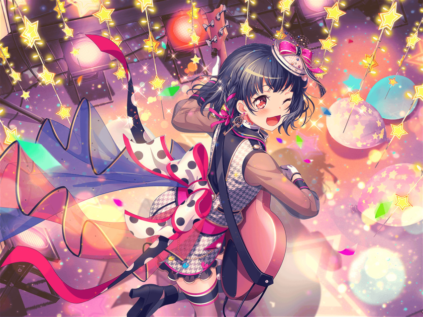 Safebooru - bang dream! black hair blush dress red eyes short hair smile ushigome rimi wink ...