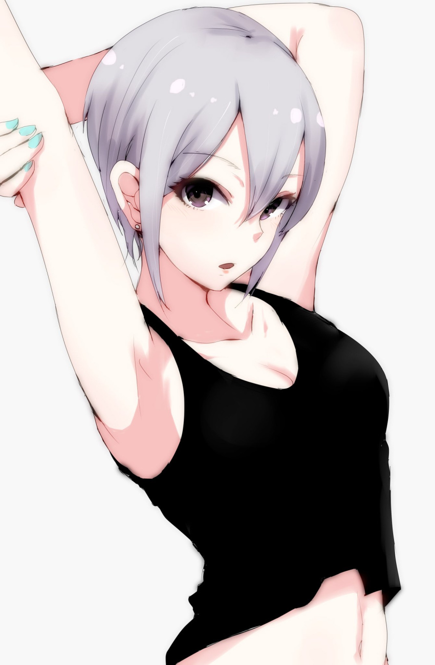 Safebooru - 1girl aqua nails armpits arms behind back arms up bangs black eyes black shirt ...