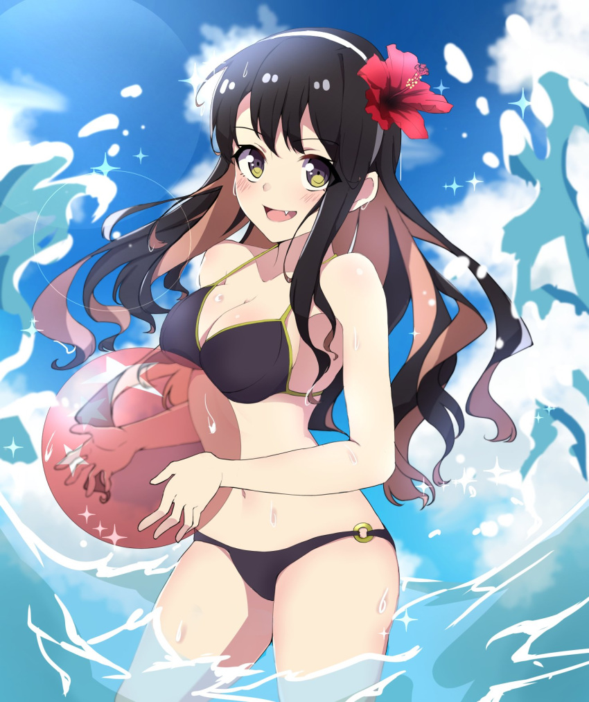 Safebooru - 1girl ball beachball bikini bikini day black hair black swimsuit blush breasts ...