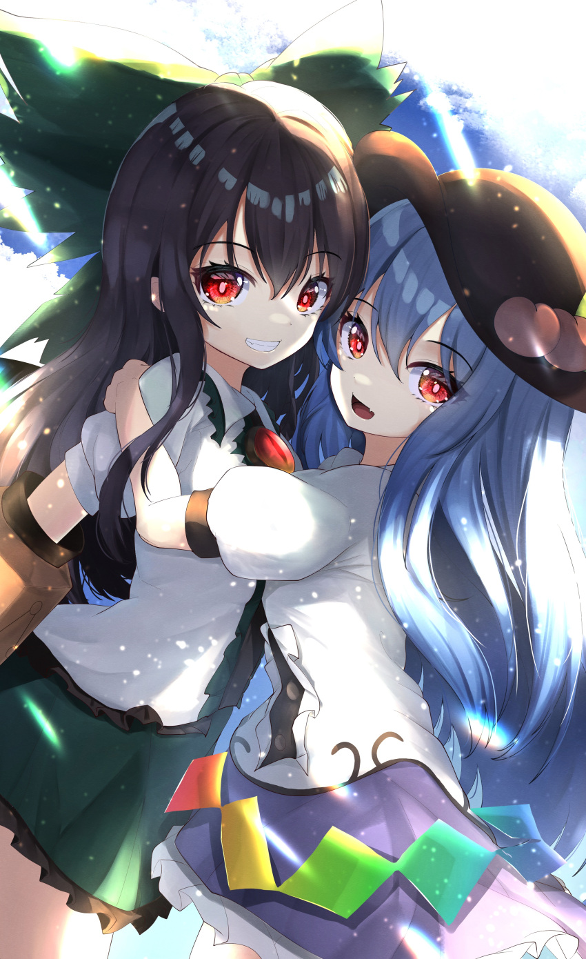 Safebooru - 2girls absurdres black hair black headwear blue hair blue skirt bow dfra green bow ...