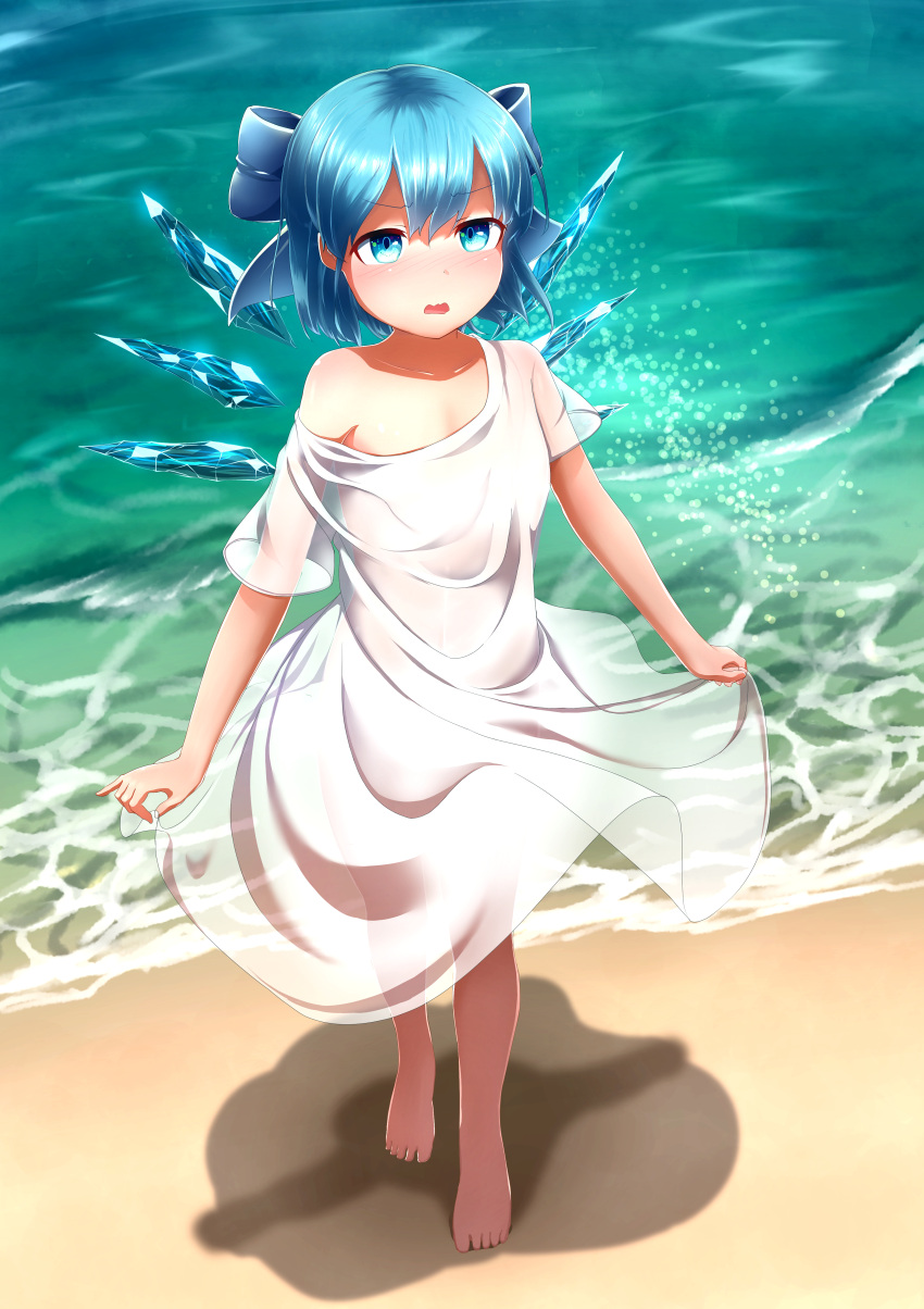 Safebooru - 1girl absurdres alternate costume barefoot beach blue bow blue eyes blush bow cirno ...