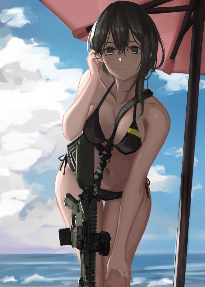 Safebooru - 1girl assault rifle beach umbrella bikini black bikini black eyes black hair ...