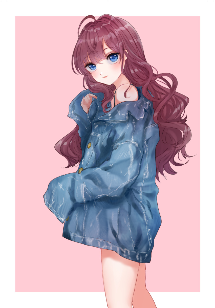 Safebooru - 1girl ahoge blue eyes blush border brown hair commentary request denim denim jacket ...