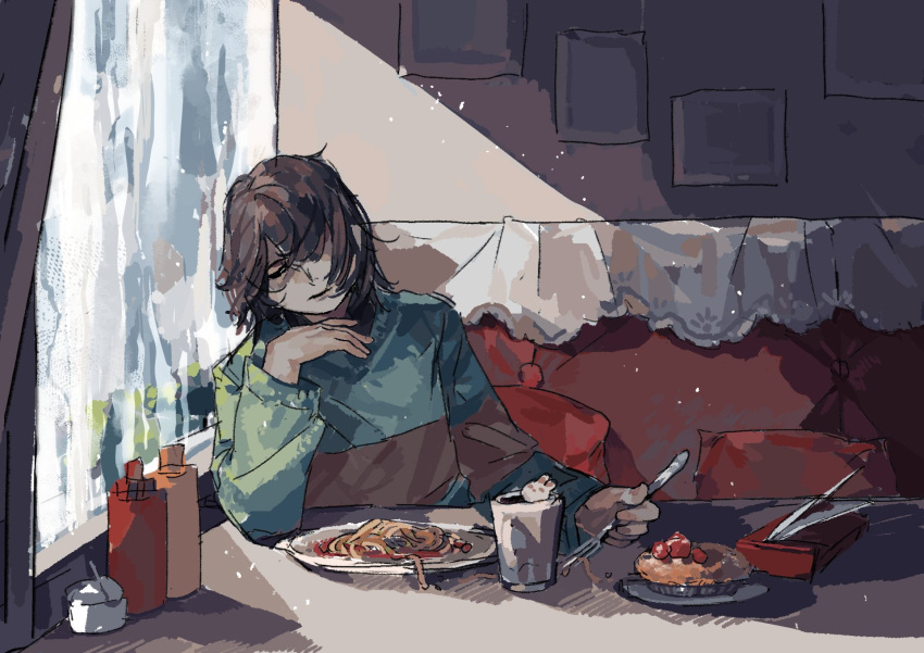 Safebooru - 1other brown hair cup curtains day deltarune drinking glass ...
