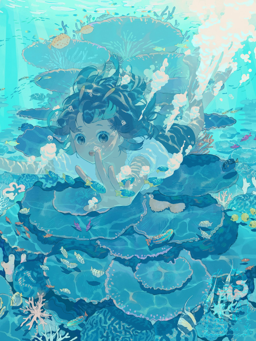 Safebooru - 1girl air bubble aqua theme barefoot black shorts blue hair ...