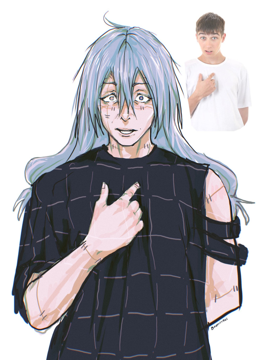 Safebooru - 2boys blue hair bondustries hair between eyes heterochromia ...