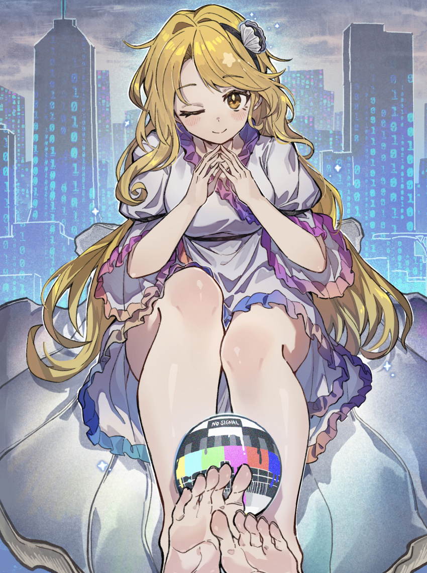 Safebooru - 1girl barefoot black hairband blonde hair breasts building ...