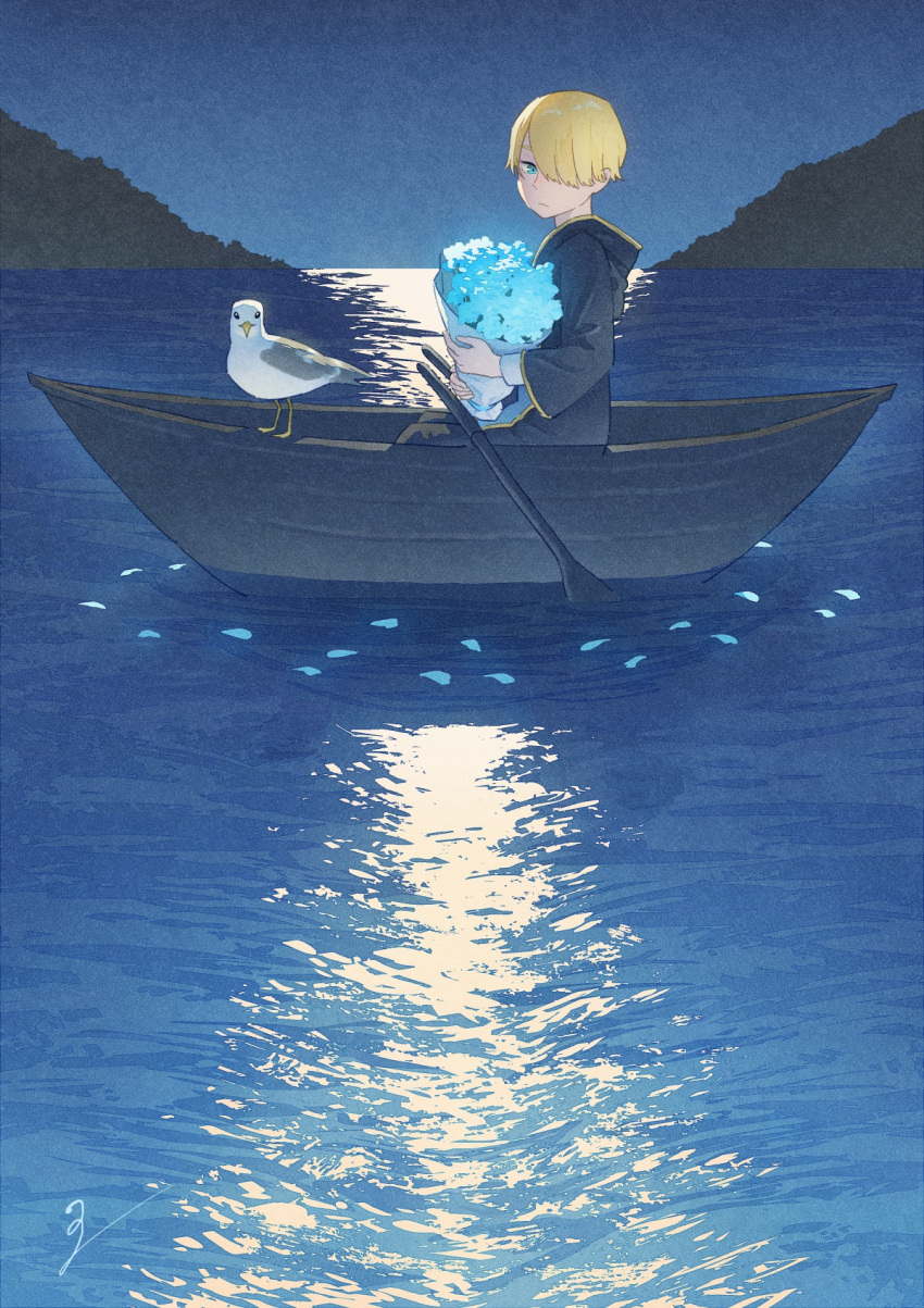 Safebooru - 1boy bird black robe blonde hair blue flower boat bouquet ...