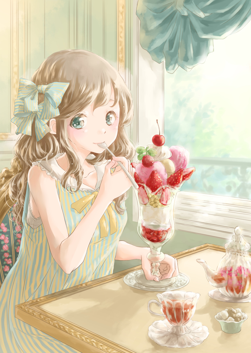 Safebooru - 1girl absurdres arm up bare arms breasts brown hair cafe ...