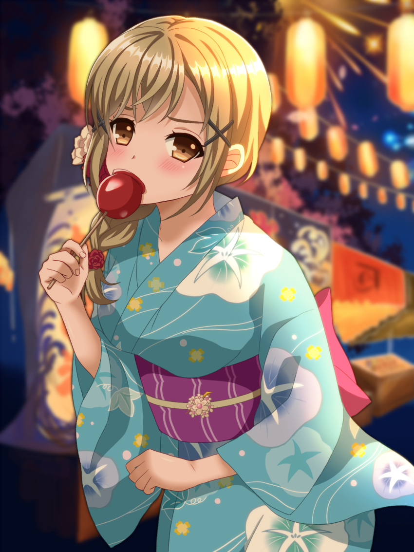 Safebooru - 1girl alternate hairstyle bang dream! bangs blonde hair blue kimono blurry blurry ...
