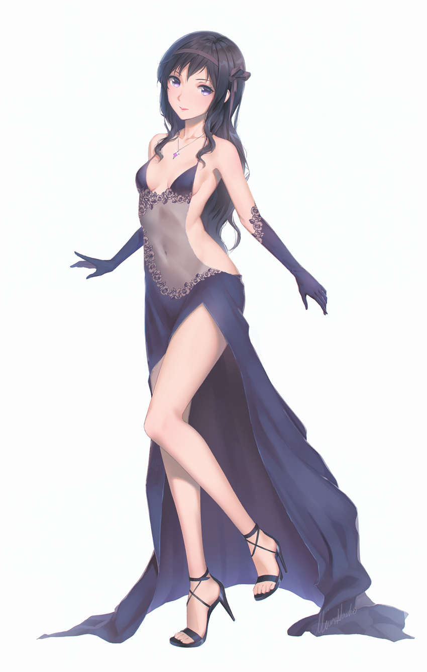 Safebooru - 1girl akemi homura bare shoulders black hair breasts cleavage collarbone dress elbow ...