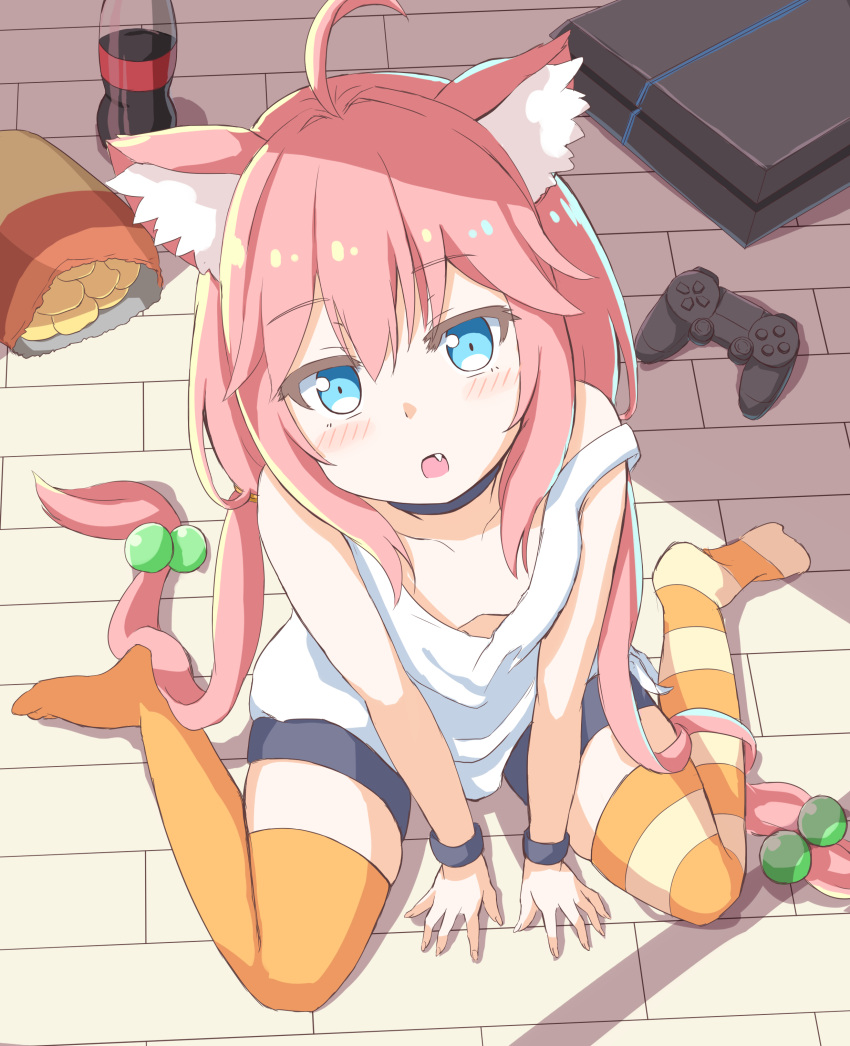 Safebooru - 1girl absurdres ahoge animal ear fluff animal ears arm support bag of chips bangs ...