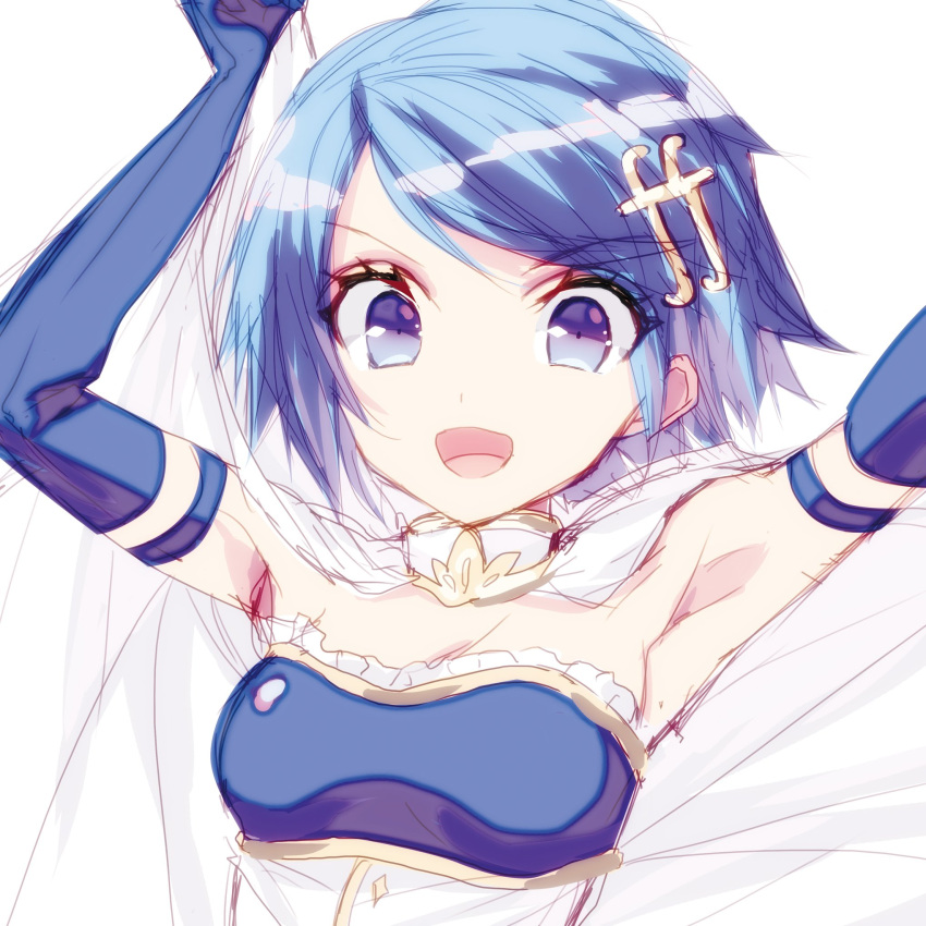 Safebooru - 1girl :d armpits bangs bare shoulders blue eyes blue hair breasts cape detached ...